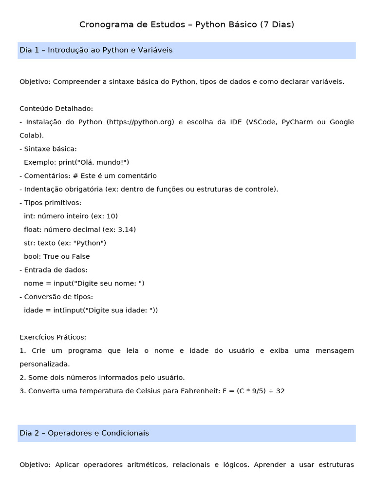 Cronograma Python Basico 7 Dias | PDF | Python (linguagem de ...