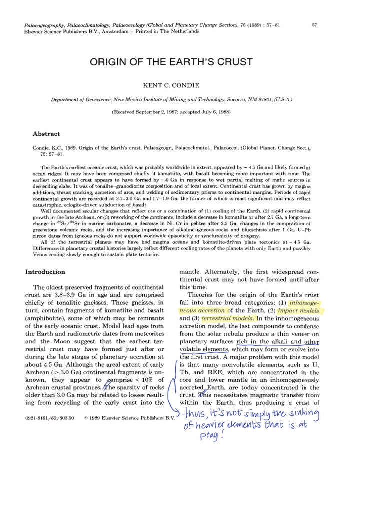 Module 7 Reading 1 - CONDIE - Origin of The Earths Crust - Page 57 - 58 | PDF