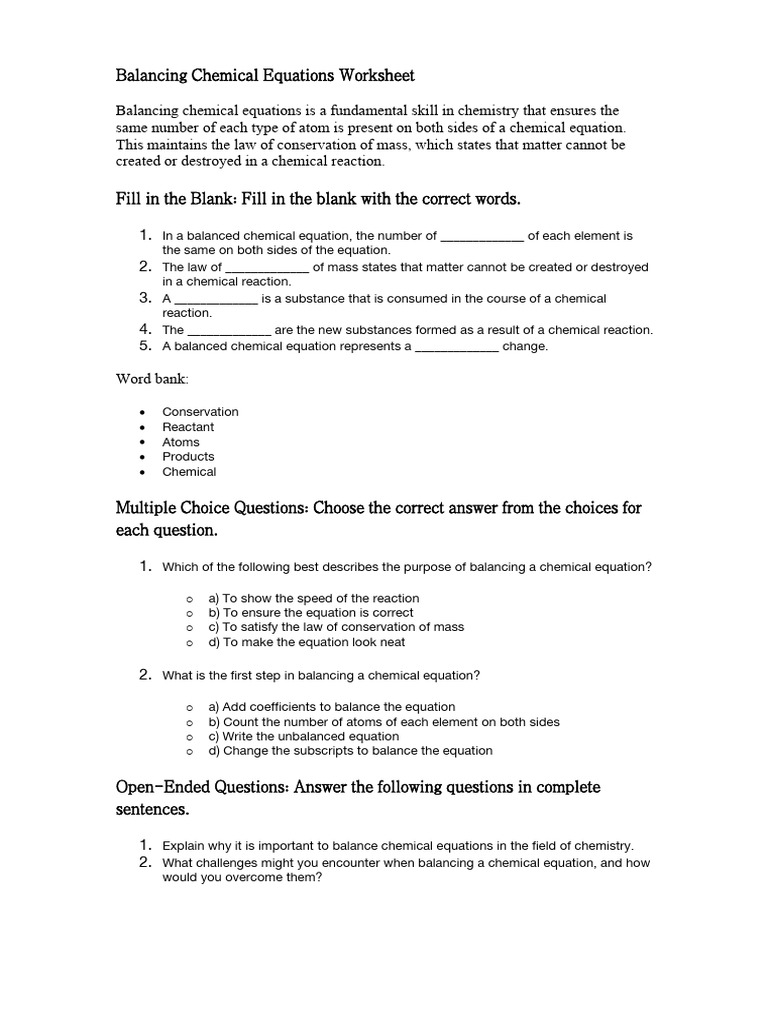 Balancing Chemical Equations Practice | PDF | Chemistry | Chemical ...