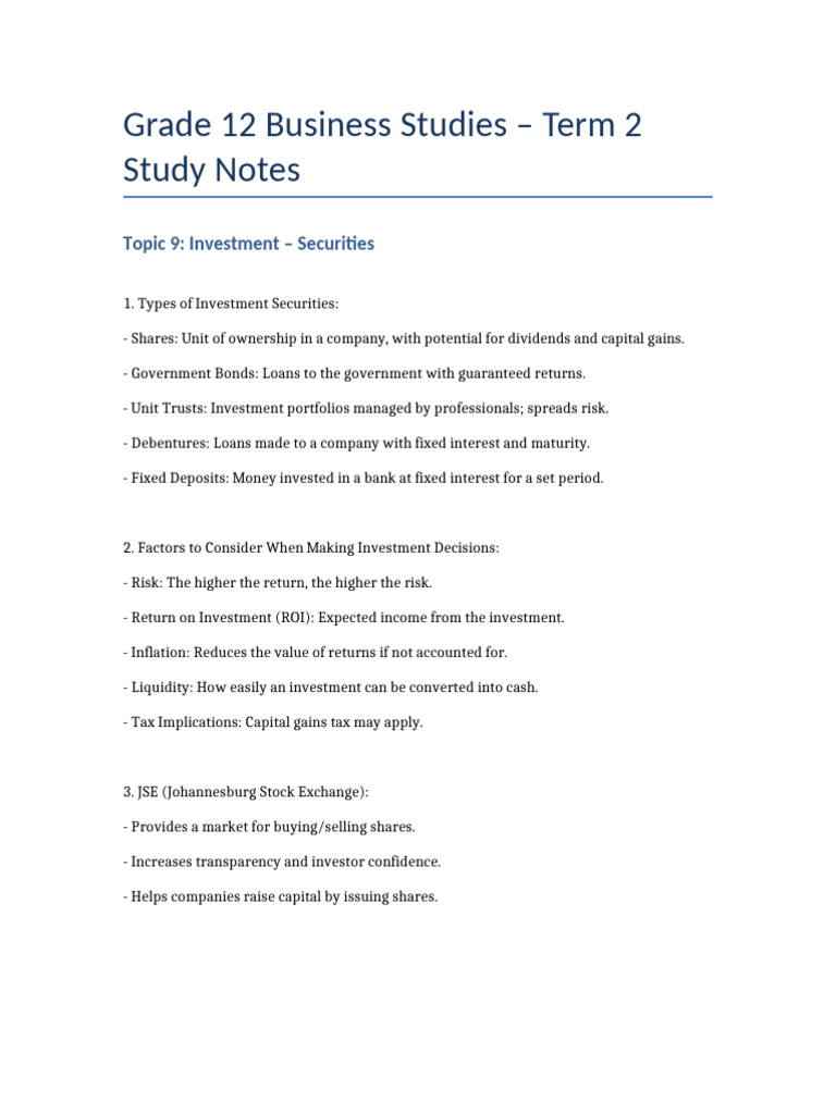 Grade 12 Business Studies Term 2 Notes | PDF | Investing | Insurance