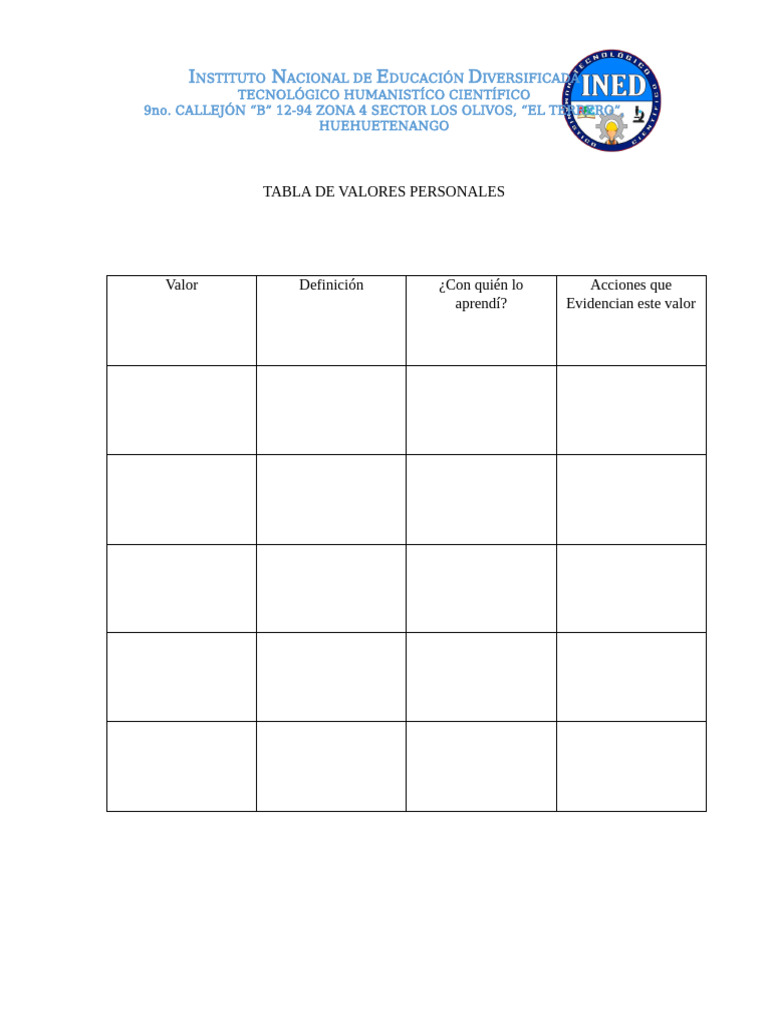 Tabla de Valores Personales | PDF