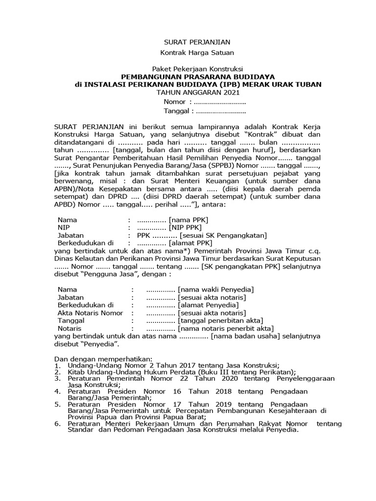 Rancangan Kontrak Pembangunan Prasarana Budidaya IPB Merak Urak 2021 | PDF