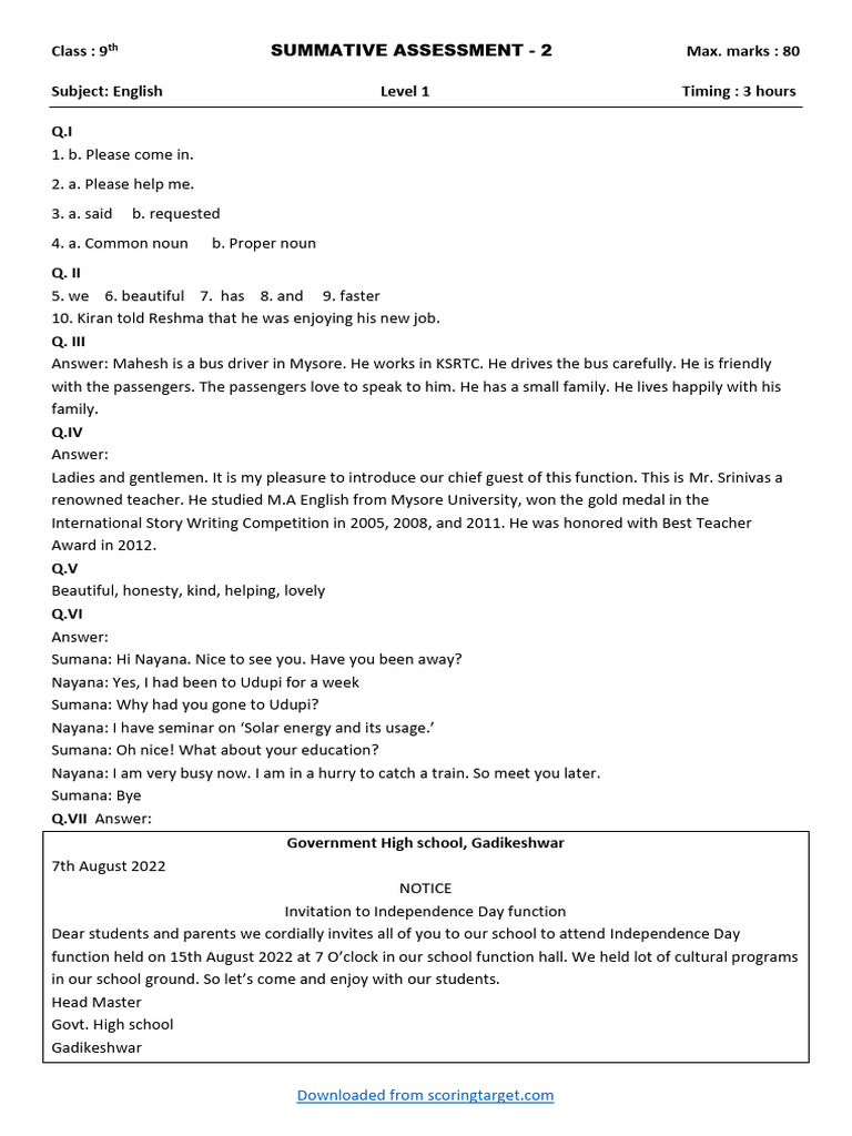 9th Class SA 2 Key Answer | PDF