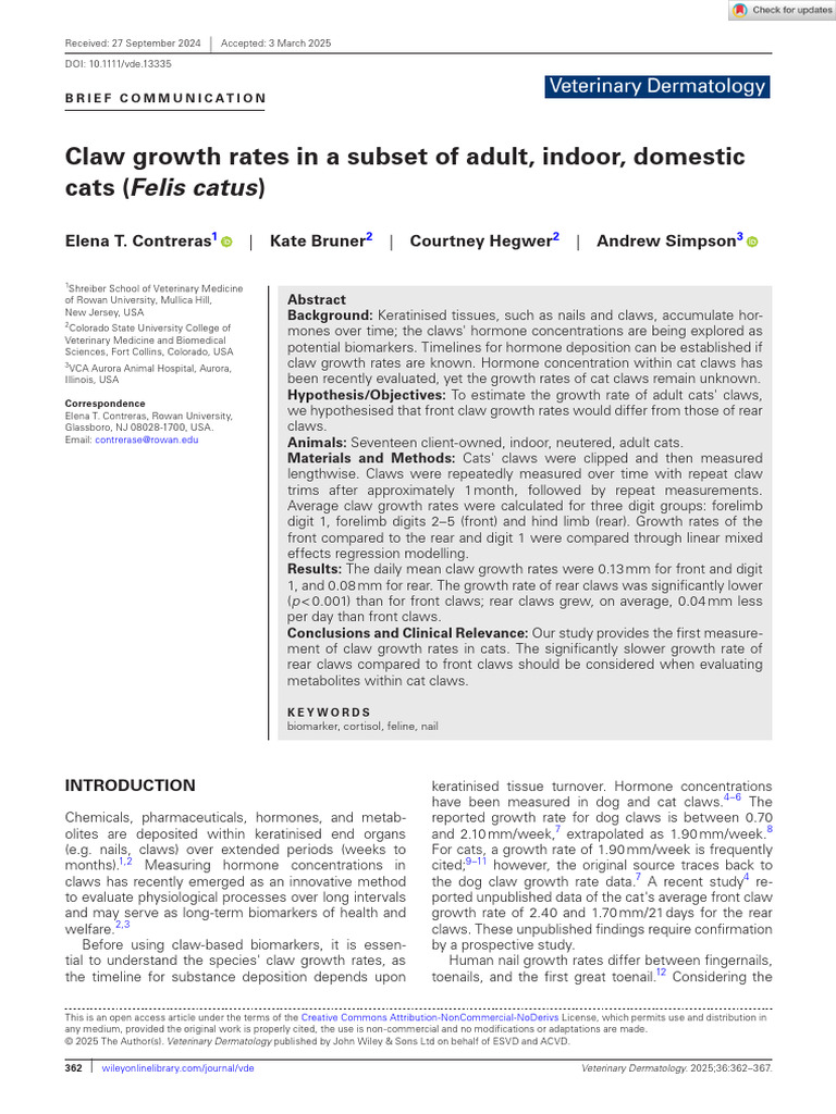 Claw Growth Rates in A Subset of Adult, Indoor, Domestic Cats (Felis ...