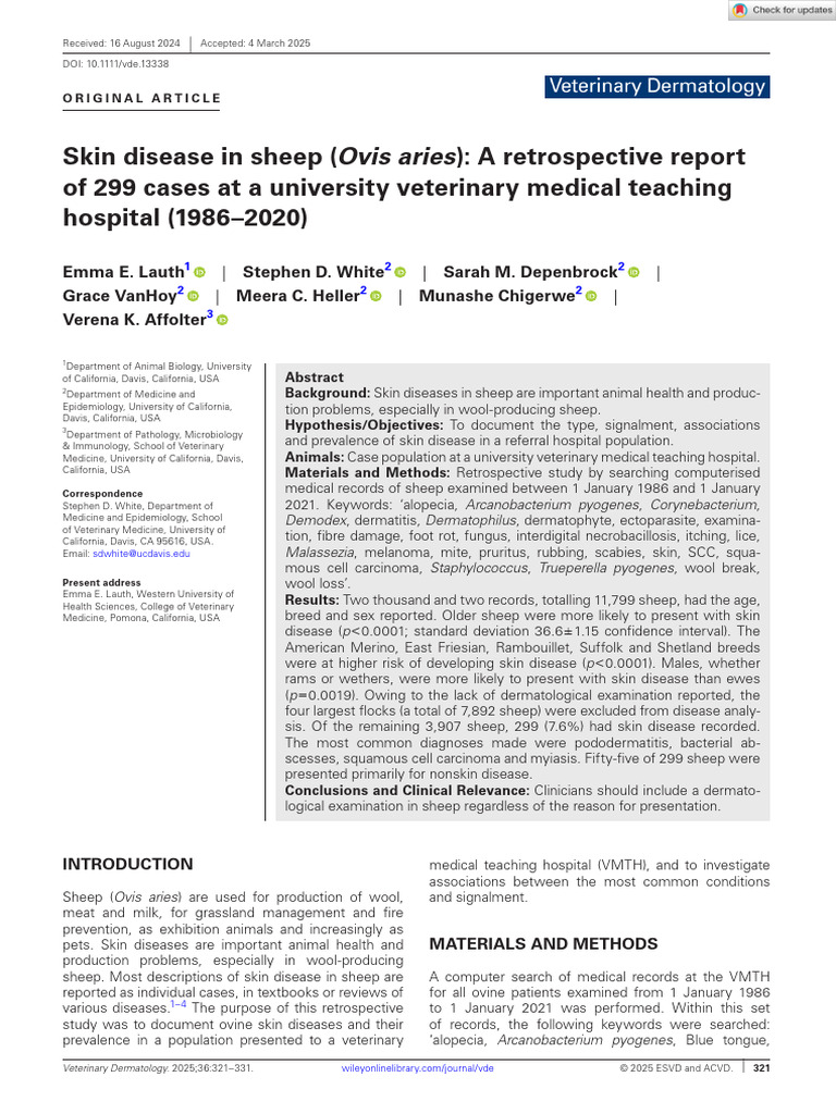 Skin Disease in Sheep (Ovis Aries) - A Retrospective Report of 299 ...