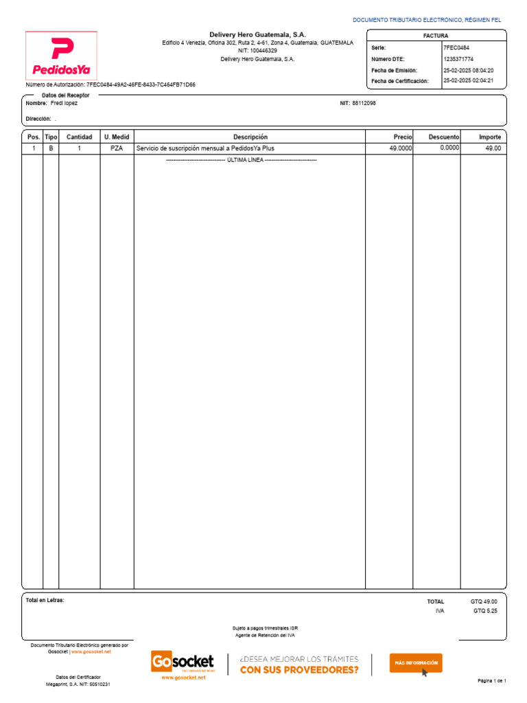 49.00 49.0000 1 Pza Servicio de Suscripción Mensual A Pedidosya Plus B 1 0.0000 | PDF ...