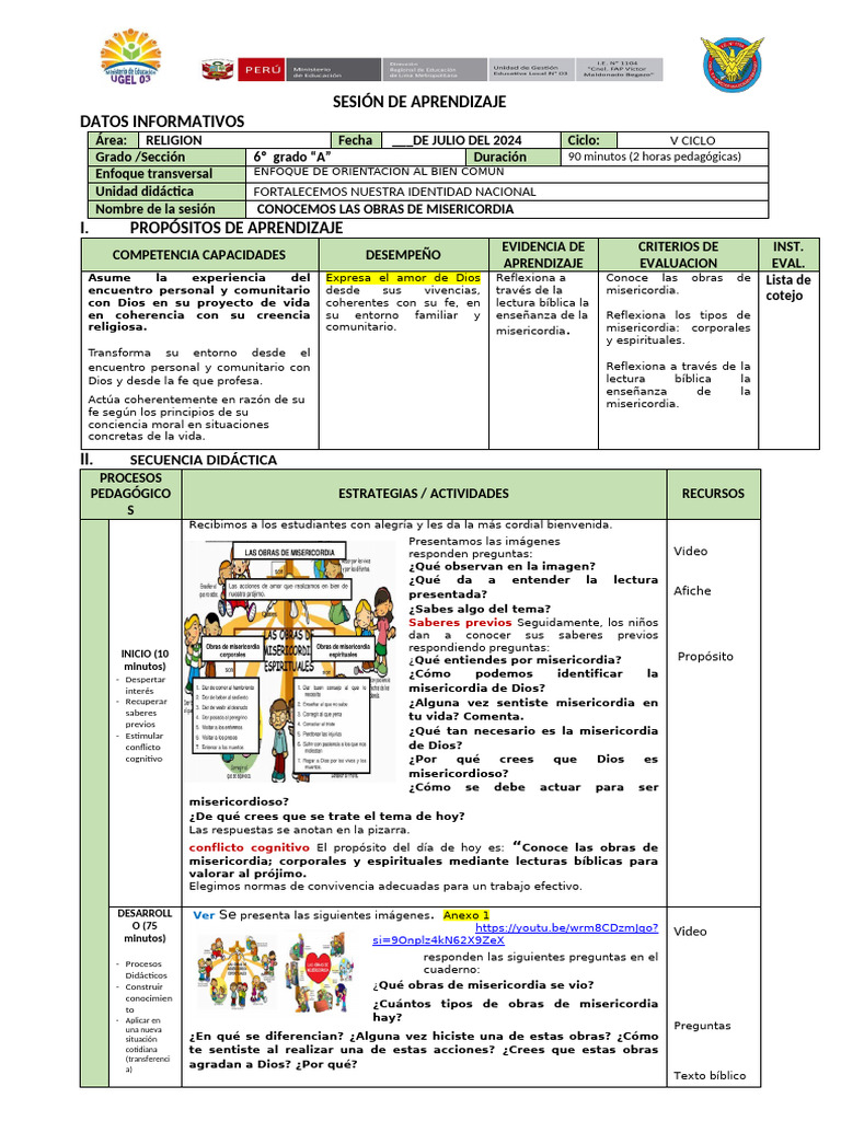 Dia 1 - Sesion Religion Las Obras de Misericordia | PDF | Aprendizaje | Enseñando