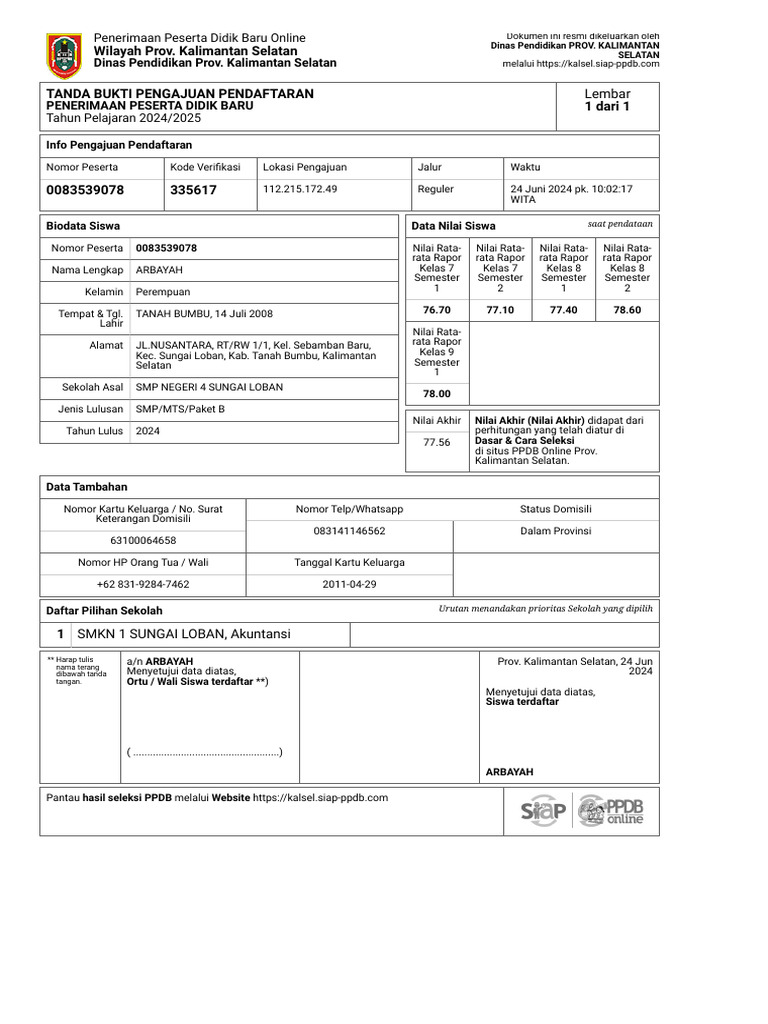 Tanda Bukti Pengajuan Pendaftaran - 0083539078 - ARBAYAH | PDF