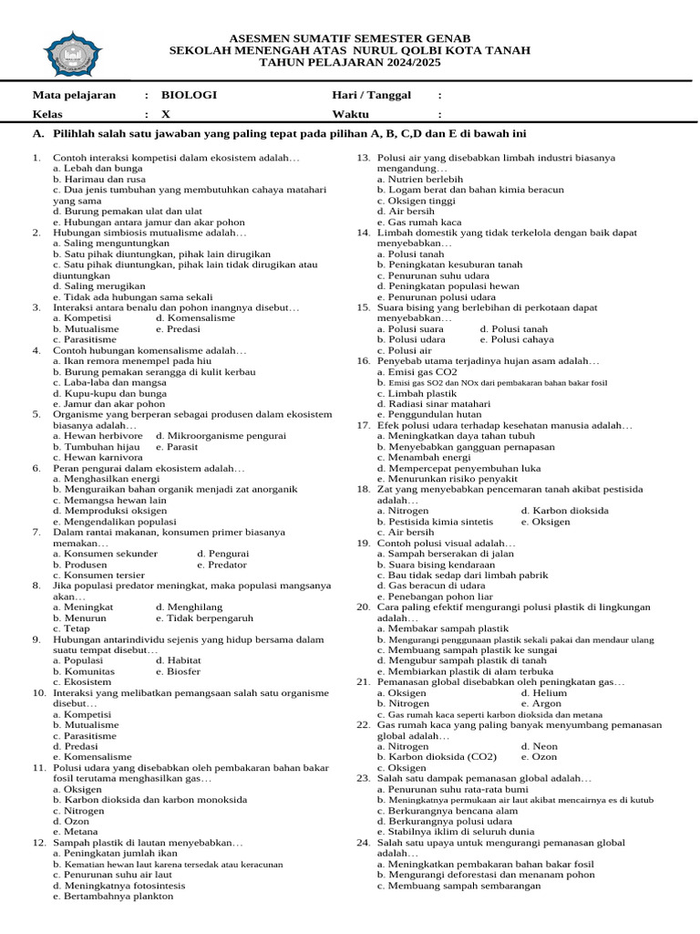 SOAL BIOLOGI SMA NURUL QOLBI SMT GENAB | PDF