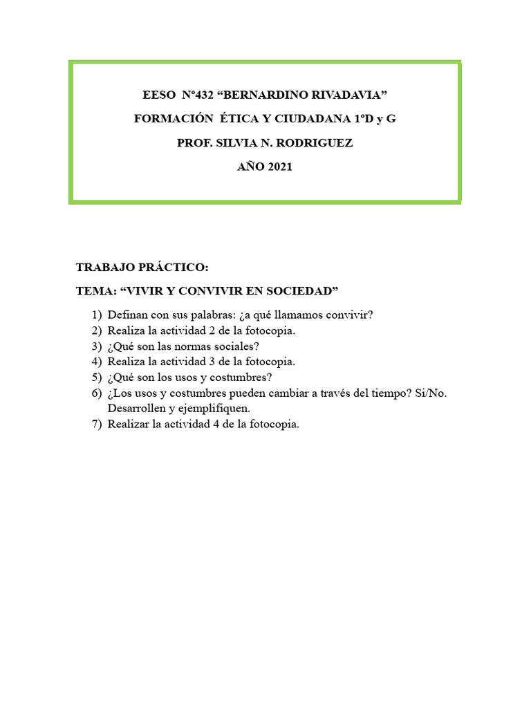 Trabajo Pr-Ctico FEC 1-D y 1-G Vivir y Convivir | PDF