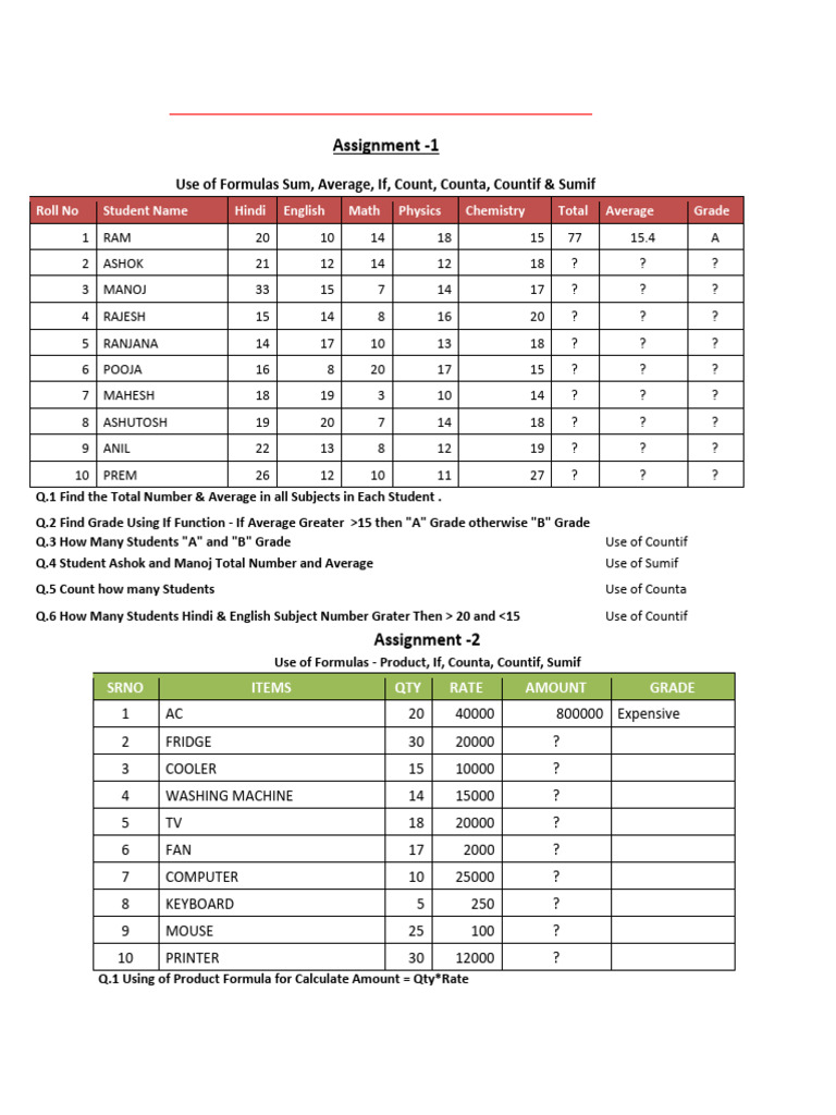 50 Ms Excel Assignments PDF For Practice | PDF | Fruit | Vegetables