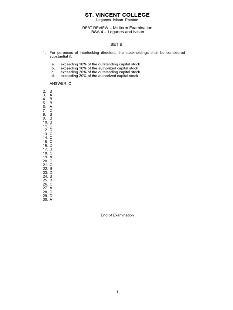 RFBT Review Midterm Set B Answer Key | PDF