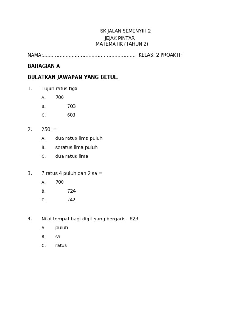 Kertas Peperiksaan Matematik Tahun 2 2025 | PDF