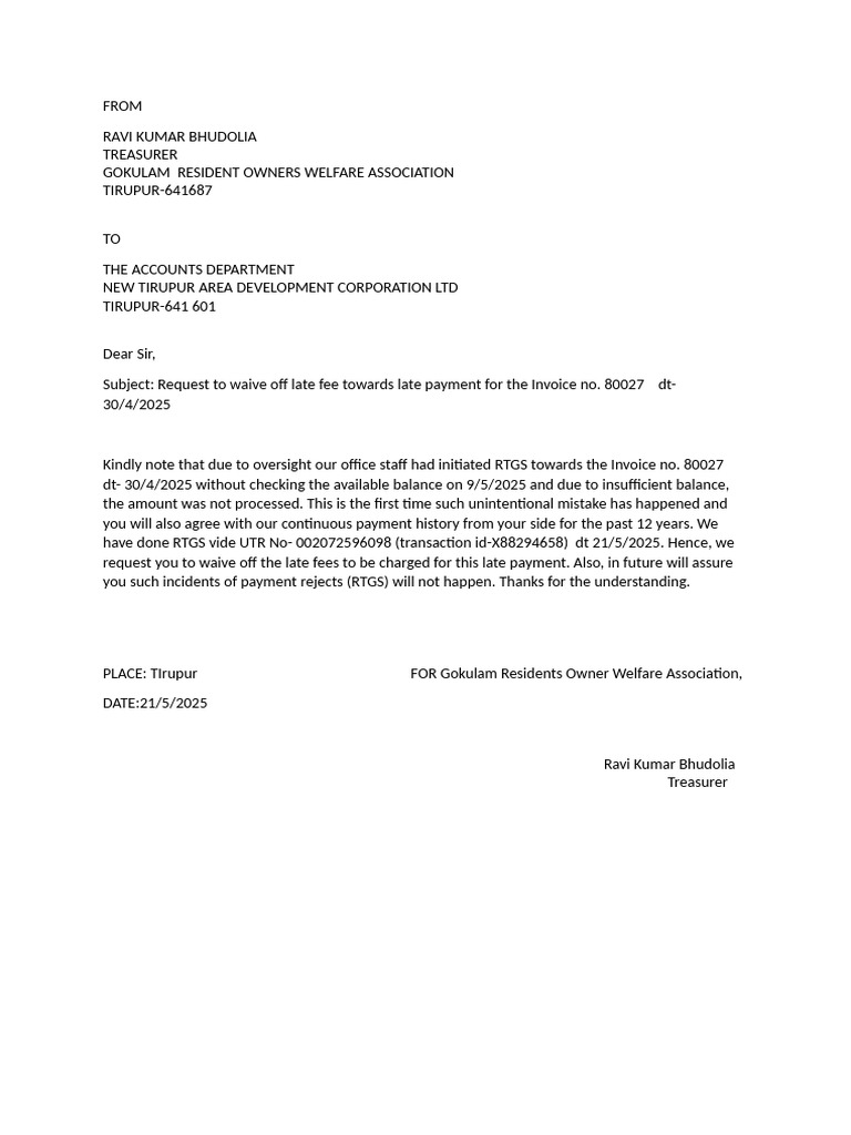Request to Waive Late Fee for Invoice 80027 | PDF