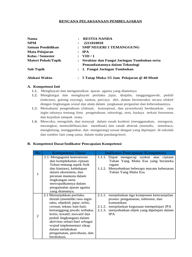 rpp-struktur-dan-jaringan-tumbuhan (2 ) | PDF