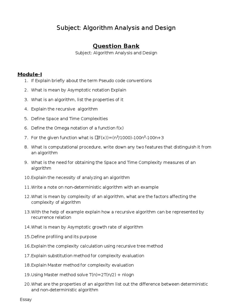 Subject Algorithm Analysis And Design Question Bank Pdf