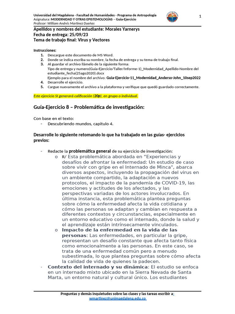 Guia-Ejercicio-8 Modernidad Morales-Yarnerys 25sep 23 | PDF | Influenza | Las emociones