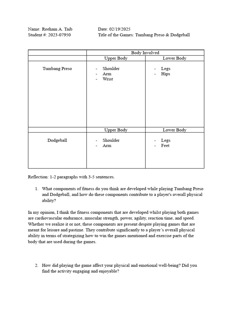 Reeham Taib - PE2 - Handout Sheet | PDF | Physical Fitness | Physical Exercise