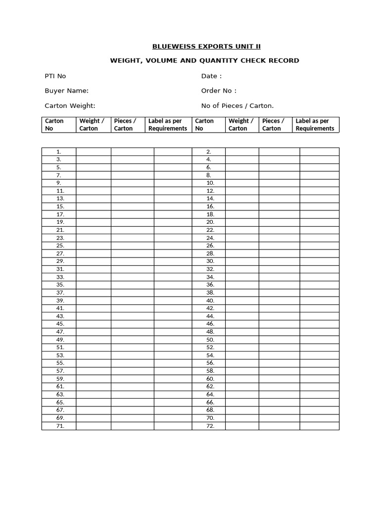 Carton Weight, Volume and Quantity Check Record | PDF