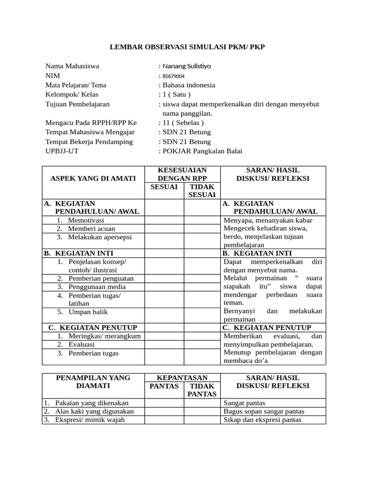 Lembar Observasi Simulasi PKM | PDF