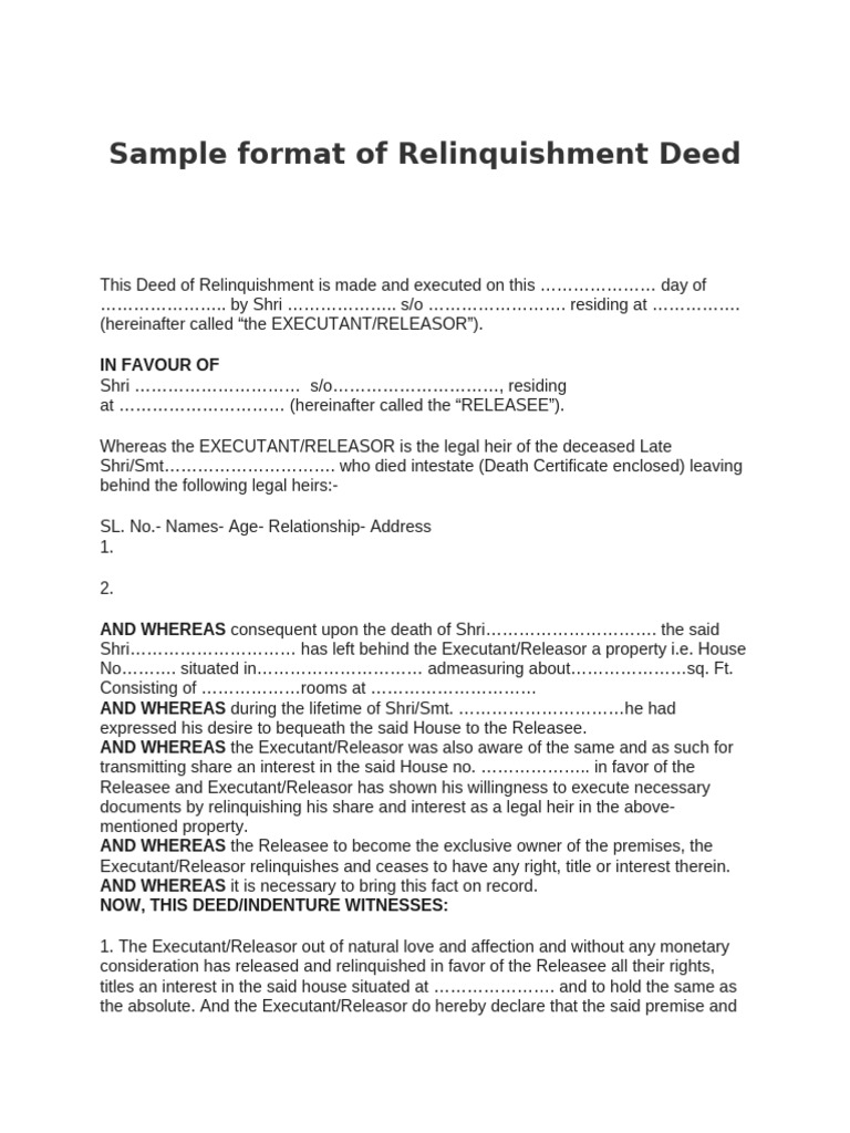 Relinquishment Deed Sample Format | PDF | Social Stratification | Legal Documents