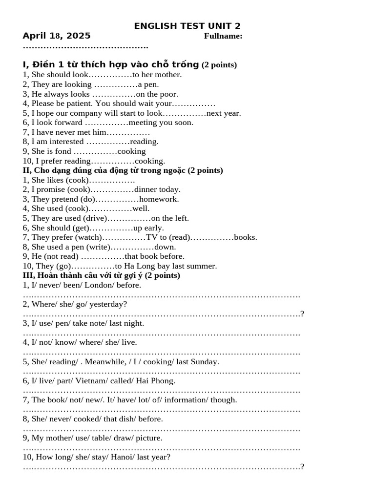 ENGLISH TEST UNIT 2 April 18 | PDF