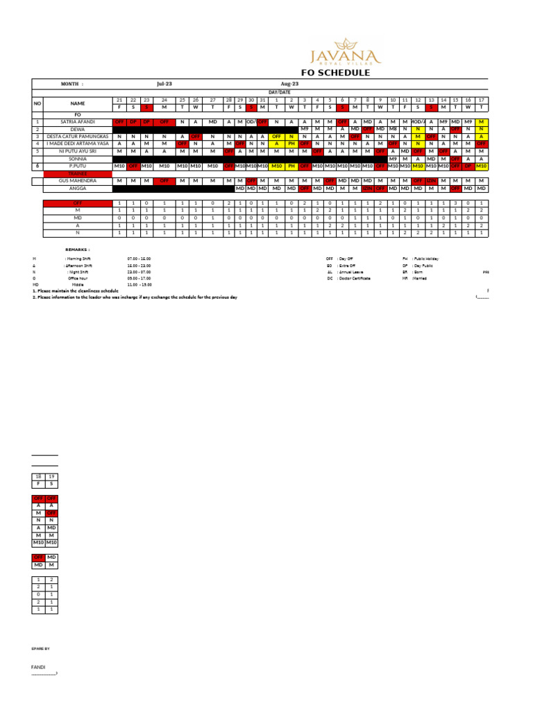 July 2023 Employee Shift Schedule | PDF