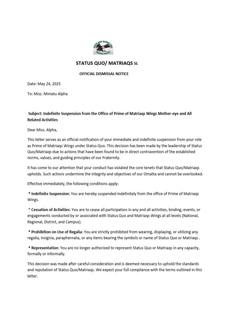 Indefinite Suspension Notice for Miss Alpha | PDF