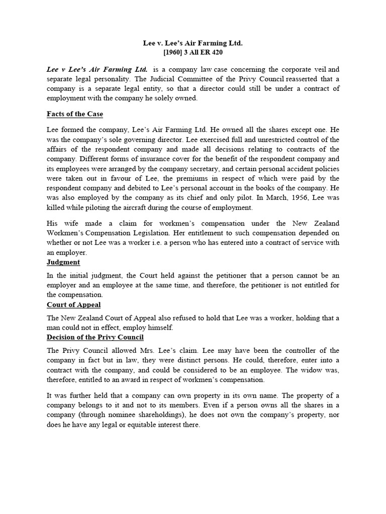 Lee v. Lee's Air Farming Ltd. Case Summary | PDF | Employment | Workers ...