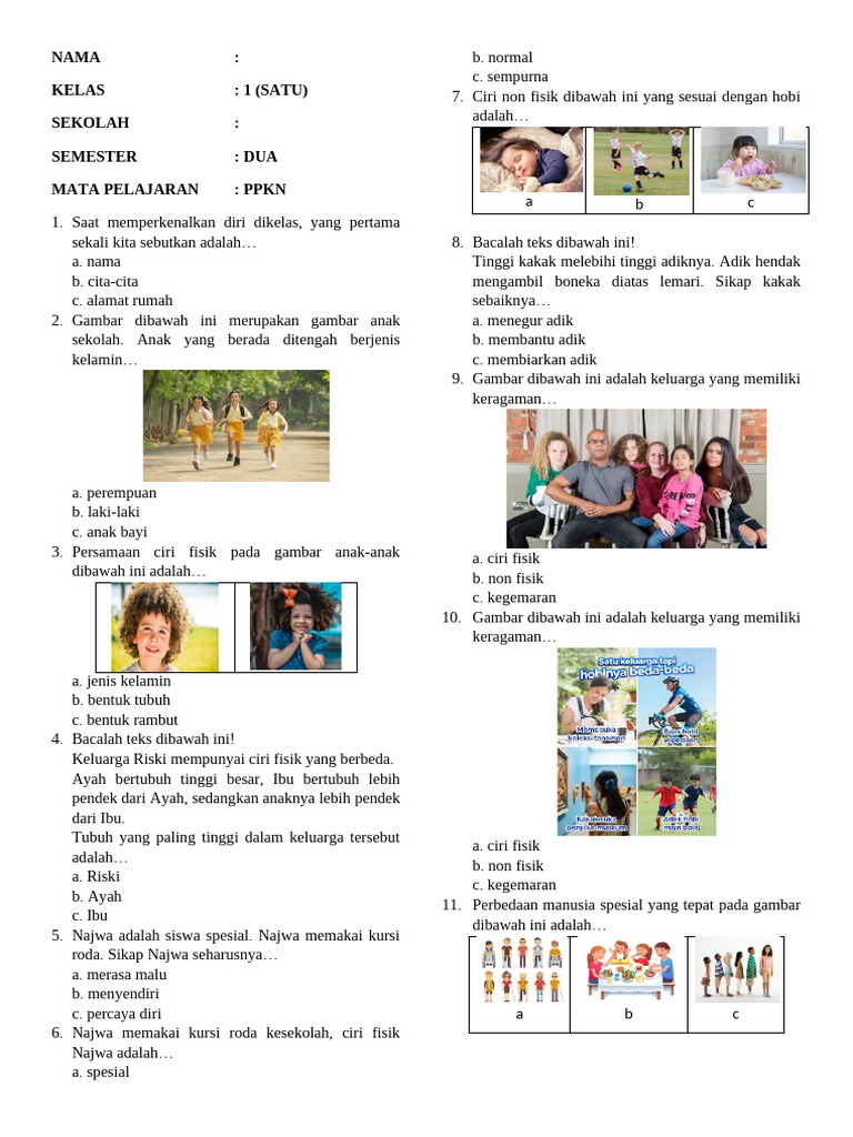 Soal Ujian PPKN Kelas 1 Min-Sd | PDF