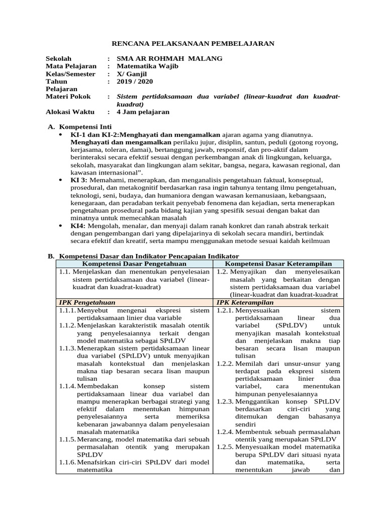 RPP 4 Sistem Pertidaksamaan Dua Variabel (Linear-Kuadrat Dan Kuadrat-Kuadrat) | PDF
