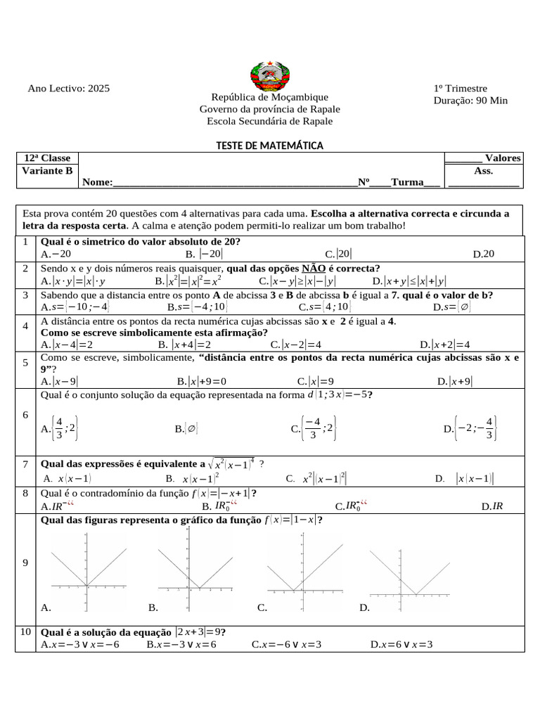 Teste de MATEMATICA-12-CLASSE-1TRIMESTRE-VARIANTE-A-ALUNO-2025 | PDF ...