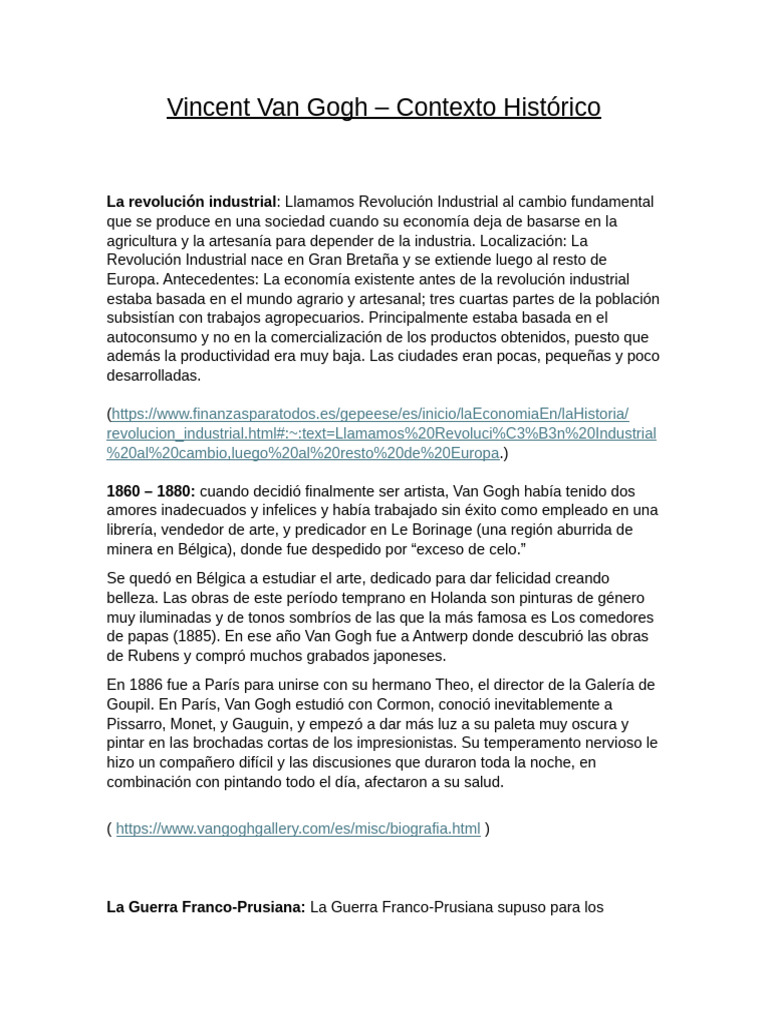 Vincent Van Gogh Contexto Historico | PDF | Vincent Van Gogh | Guerra Franco Prusiana