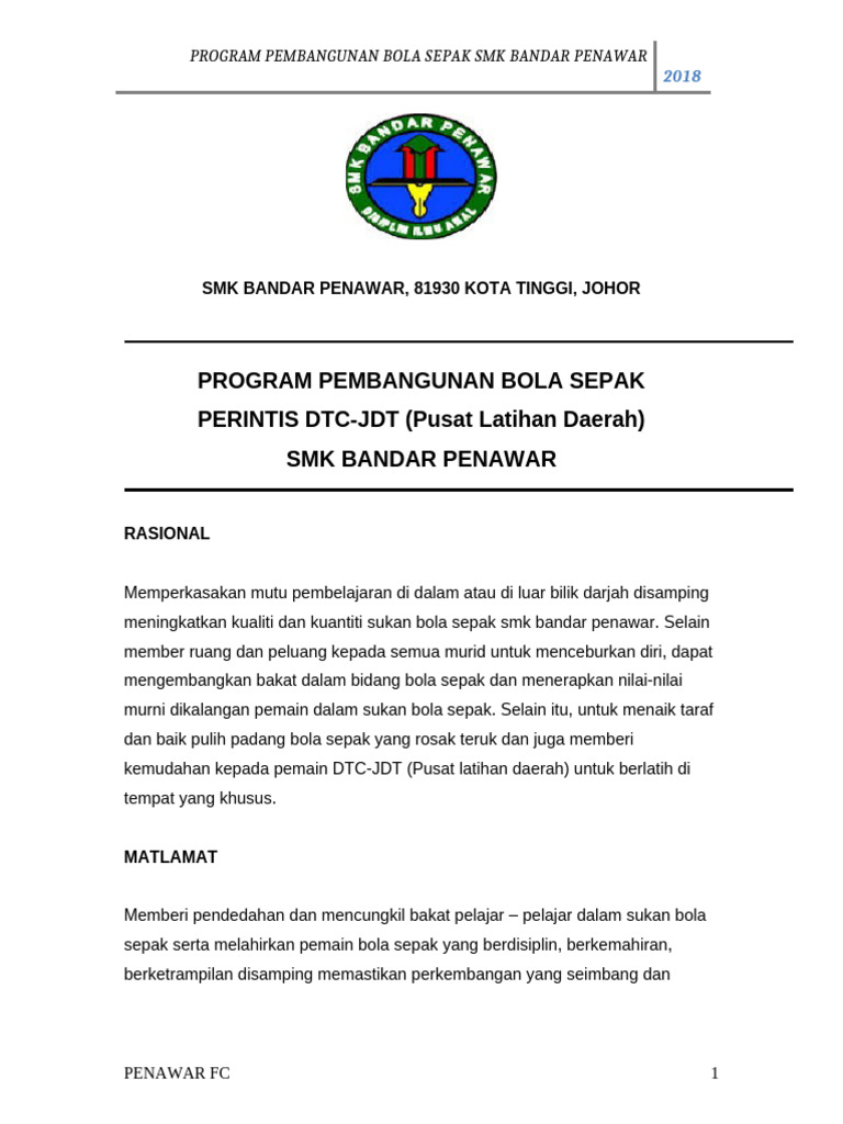 Program DTC-JDT Bola Sepak SMK Bandar Penawar | PDF