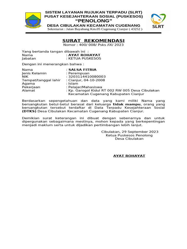 Surat Rekomendasi Puskesos Selvi Utami | PDF