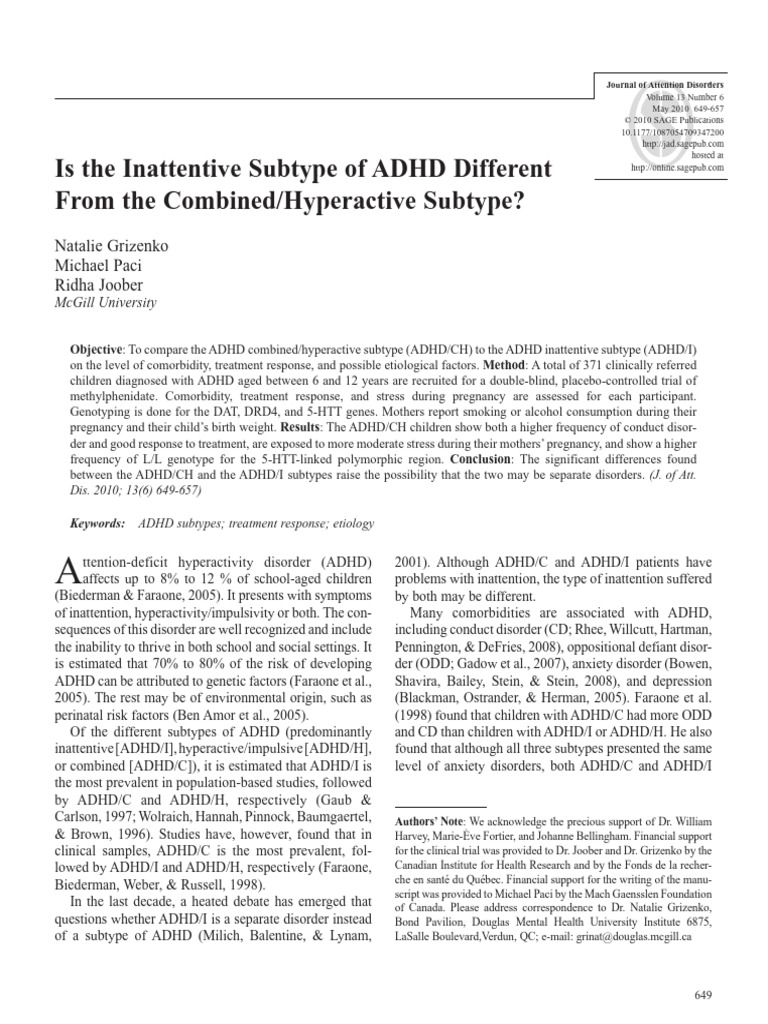 Is The Inattentive Subtype of ADHD Different From The Combined ...