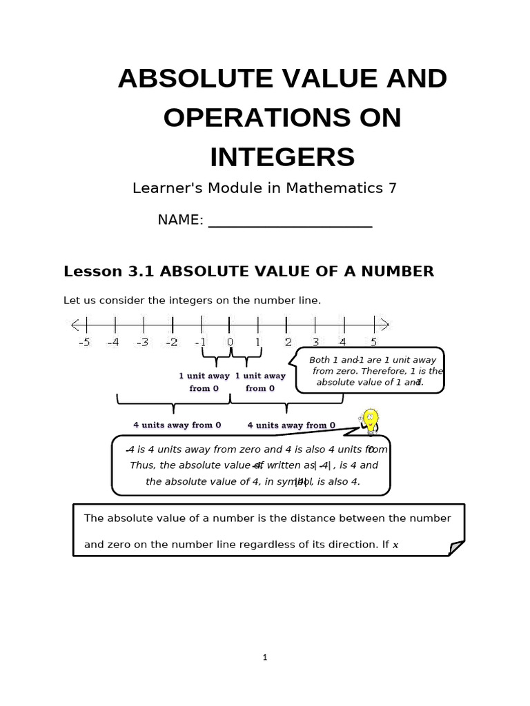 Absolute Value and Integer Operations | PDF | Subtraction | Arithmetic