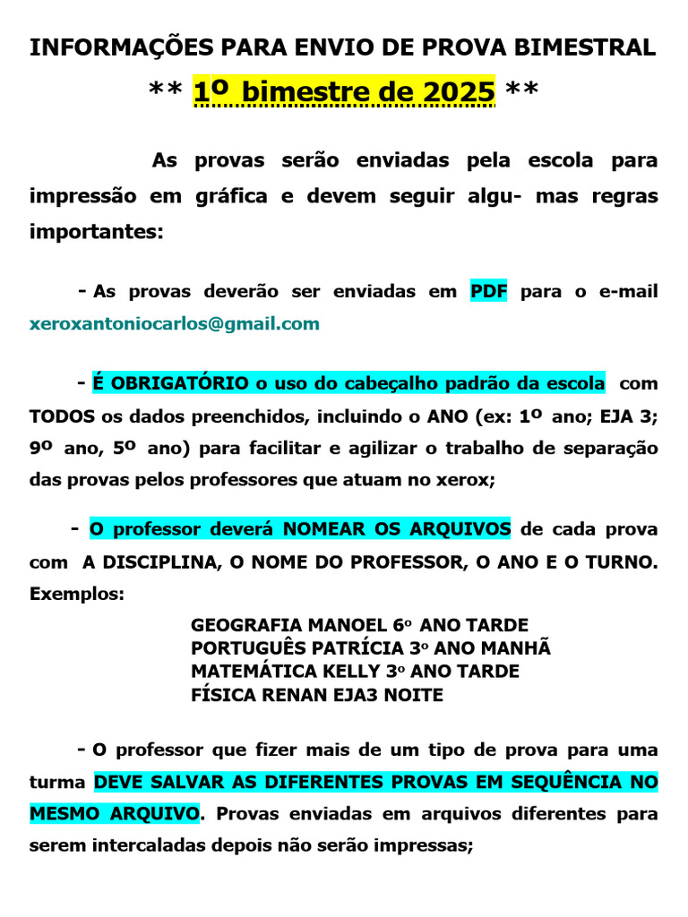 ENVIO DE PROVAS - 1o bimestre | PDF