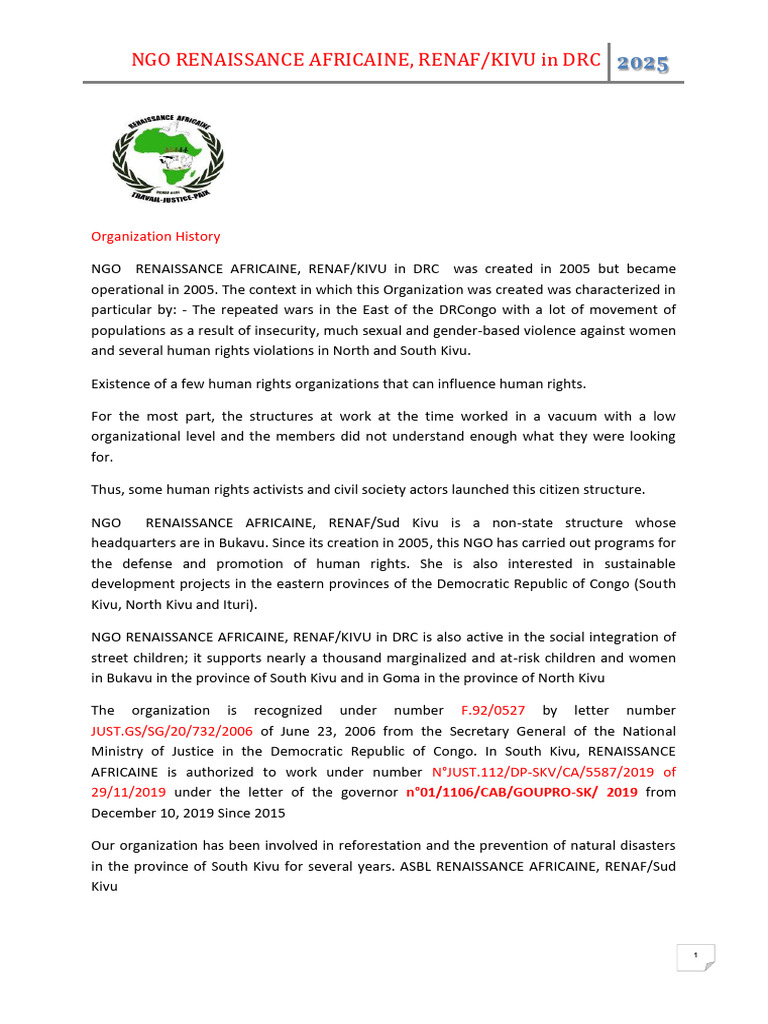 Organization History Ou Dépliant ONG RENAF KIVU en RDC | PDF | Democratic Republic Of The Congo
