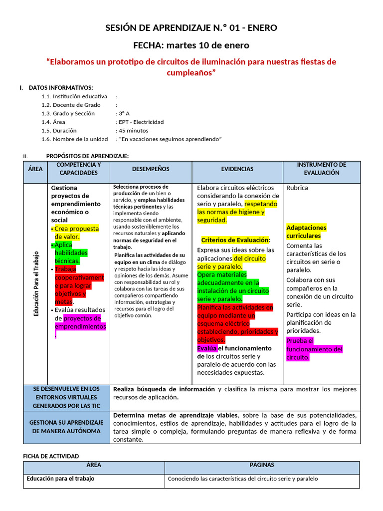 SESIÓN DE APRENDIZAJE EPT - ELECTRICIDAD-revisado | PDF | Red eléctrica | Aprendizaje