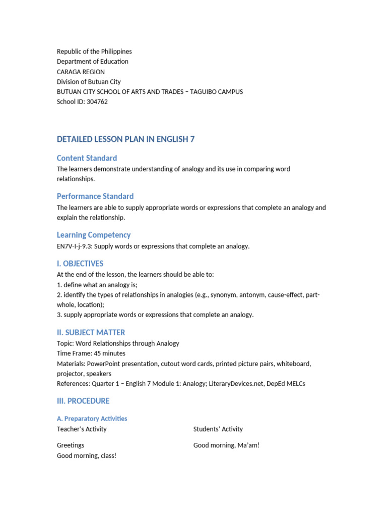 Grade7 English Analogy LessonPlan TemplateFormat | PDF