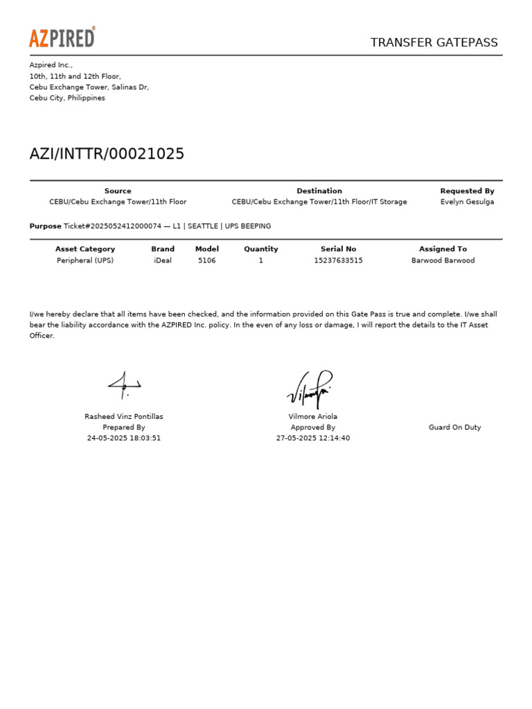 Transfer Gatepass for IT Equipment | PDF