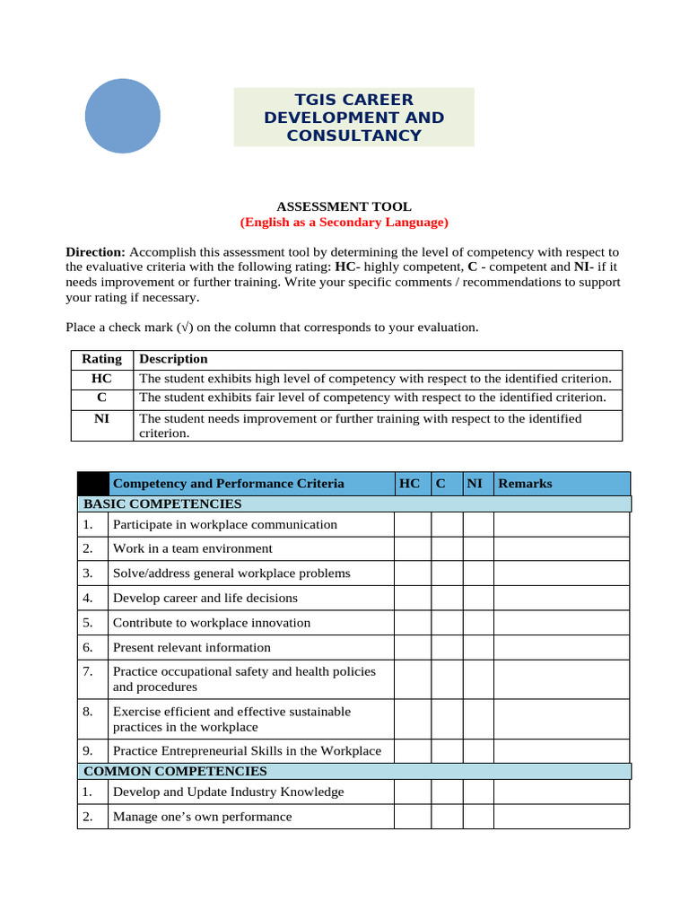 Assessment Tool - English As A Secondary Language 1 | PDF | English ...