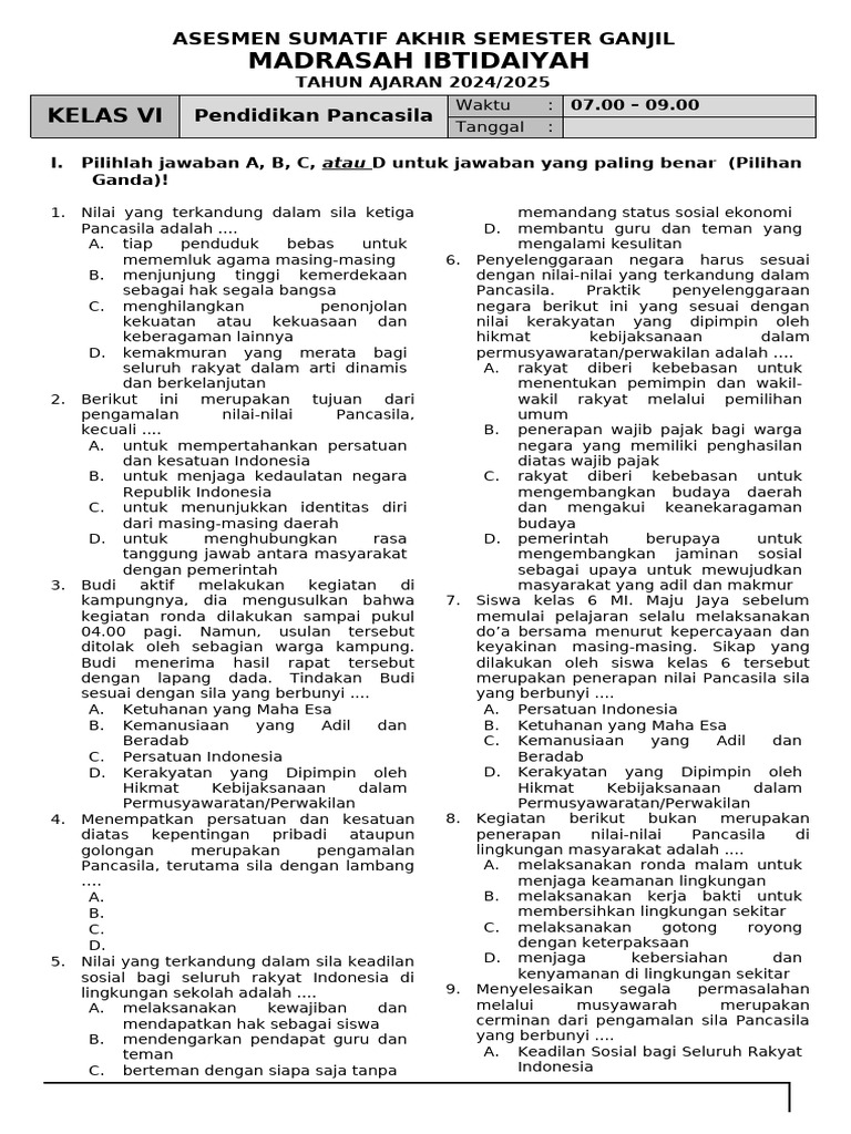 Naskah Soal Sas Ganjil - 2024 - 2025 PKN Kls 6 | PDF