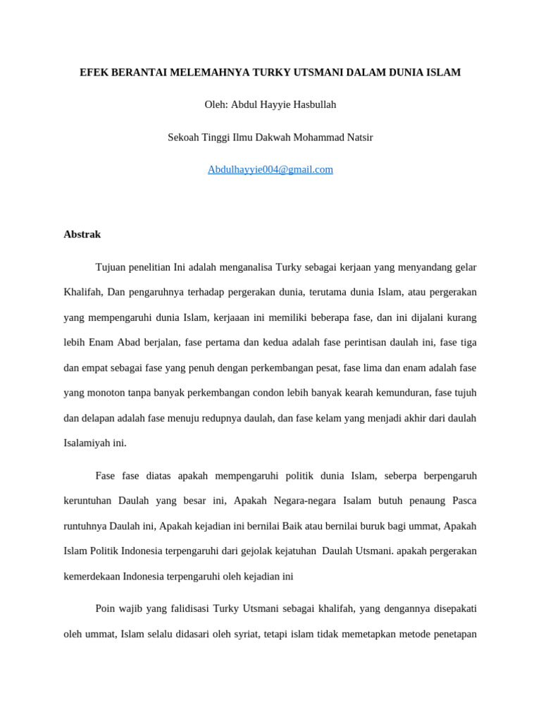 1 EFEK BERANTAI MELEMAHNYA TURKY UTSMANI DALAM DUNIA ISLAM | PDF