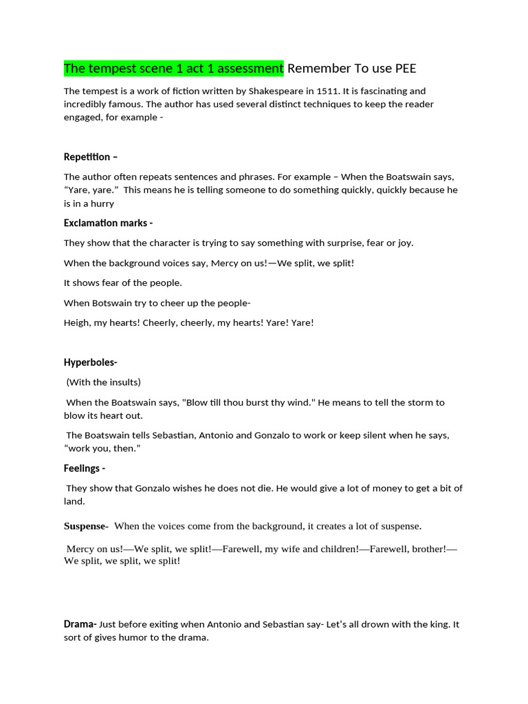 The Tempest Scene 1 Act 1 Assessment | PDF