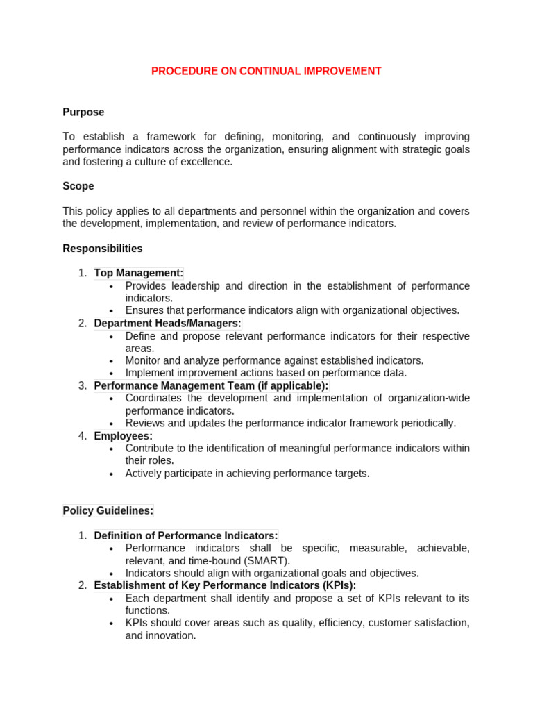 Procedure on Continual Improvement | PDF | Performance Indicator | Goal