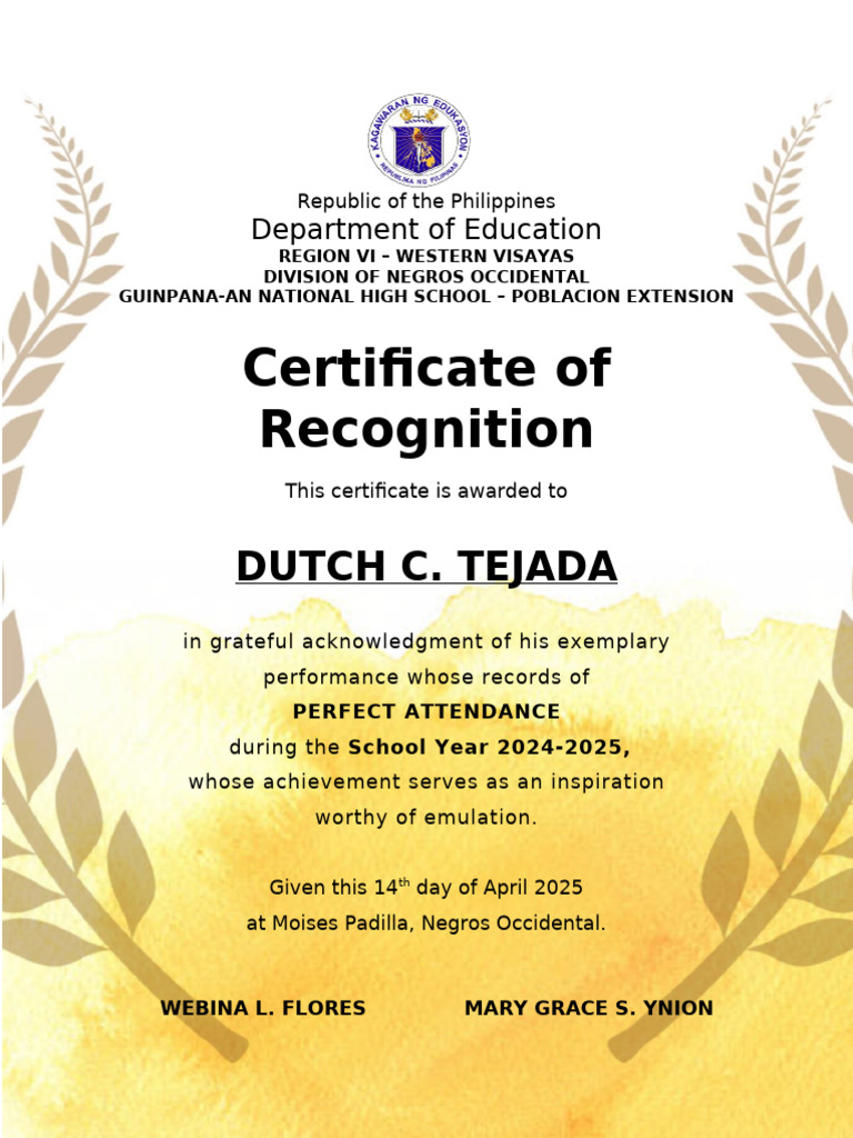 Perfect Attendance Certificate | PDF