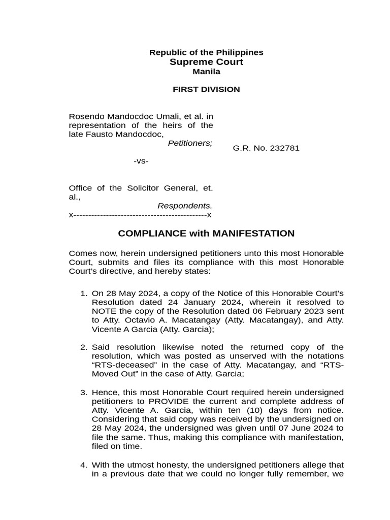 Compliance With Manifestation Sample | PDF