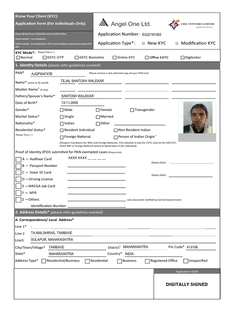 KYC Application Form for Individuals | PDF | Identity Document | Stocks